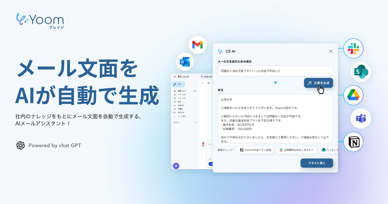 「Yoomナレッジ」GmailとOutlook上でメール作成を自動化する新機能をリリース|SalesZine（セールスジン）